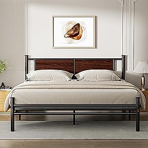 HAOARA Queen Size Bed Frame with Rustic Wood Headboard, Metal Heavy Duty Platform Frame, Sturdy Steel Slat Support, No Box Spring Needed, Black