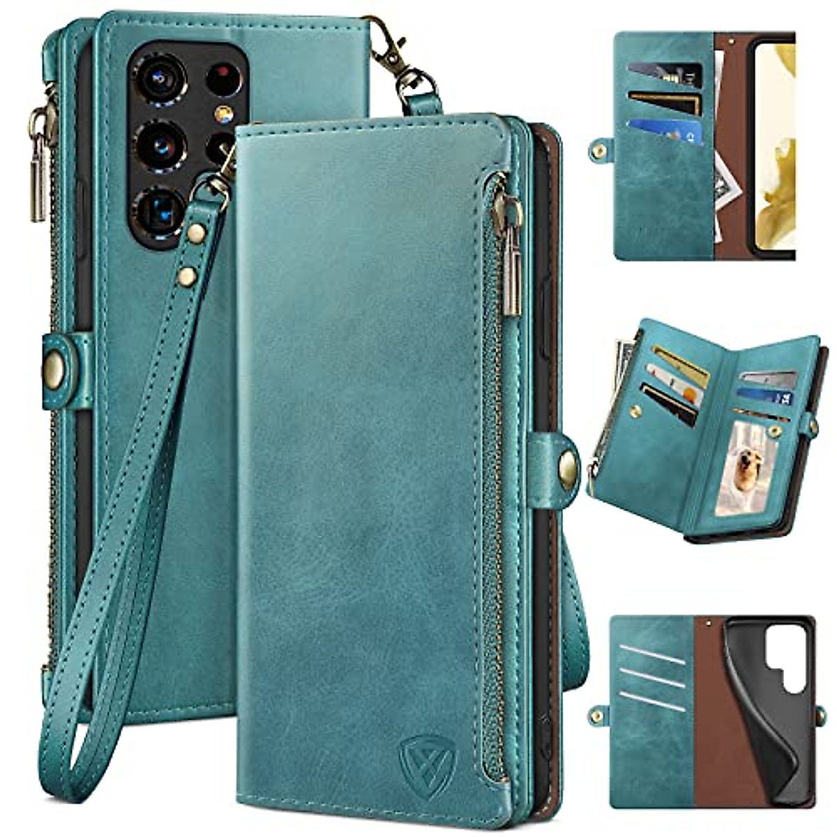 XcaseBar for Samsung Galaxy S22 Ultra Wallet case with Zipper 【RFID Blocking】 Credit Card Holder, Flip Folio Book PU Leather Phone case Shockproof Cover Women Men for Samsung S22Ultra case Blue Green