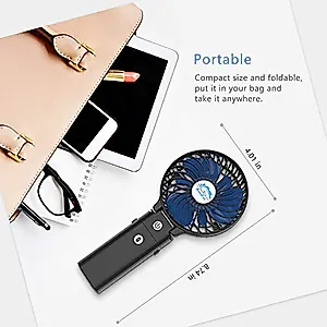 HandFan 10400mAh Portable Handheld Fan, Battery Operated Rechargeable Fan, Foldable Mini Fan With Portable Charger, Cooling Hand Fans for Travel, Outdoors, Indoors(Blue Blade)