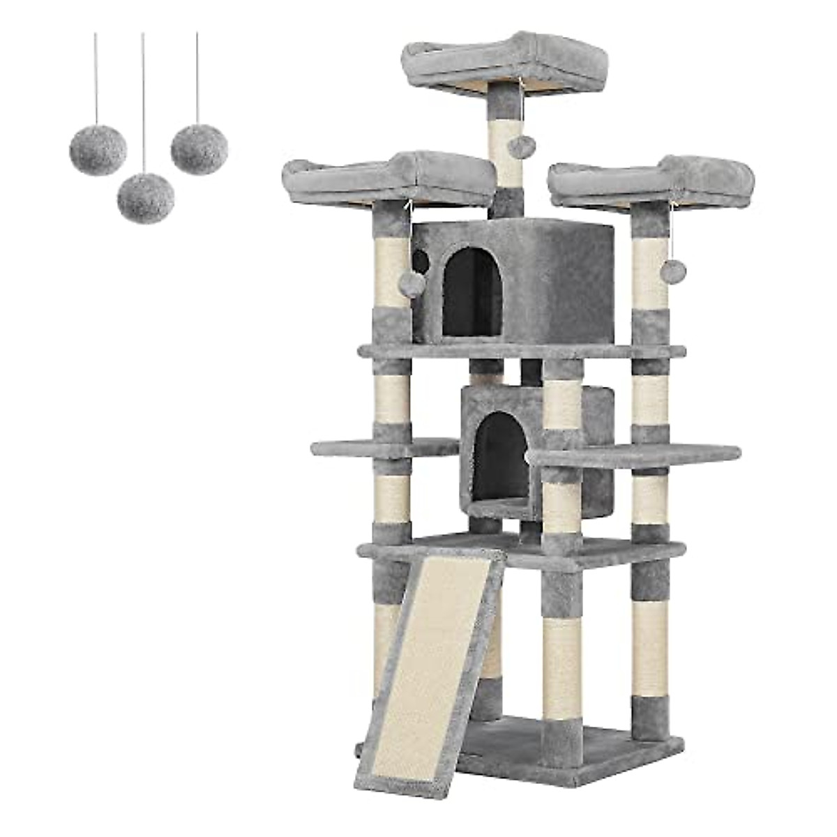 FEANDREA 67-Inch Multi-Level Cat Tree for Large Cats, with Cozy Perches, Stable, Light Gray UPCT18W