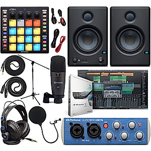 PreSonus AudioBox 96 Audio Interface (May Vary Blue or Black) Full Studio Bundle with Studio One Artist Software Pack, ATOM MIDI/Production Pad Controller, Eris 4.5 BT Pair 2-Way Bluetooth Monitors