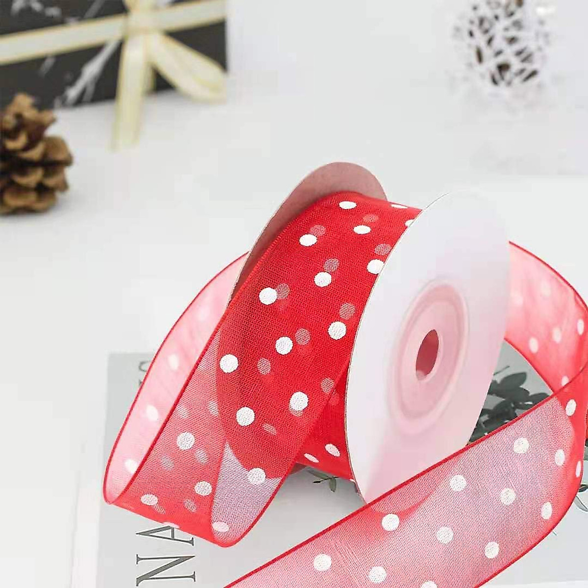 Fabric Ribbons Red and White Plaid Ribbon for Crafts, Grosgrain Striped Ribbon for Gift Wrapping, 1 Inch Organza Polka Dot Ribbon, 30 Yard