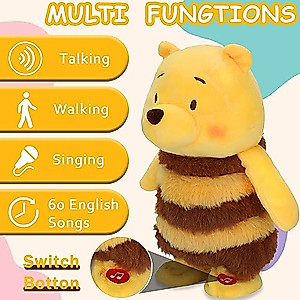9 Inch Winnie Toys Talking Walking Singing Pooth Bear Plush Toys Repeat What You Say, Interactive Bear Stuffed Toy Figures for Toddler Kids Birthday