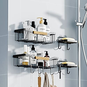 Shower Caddy Bathroom Shelf, 4-Pack Adhesive Shower Organizer with 2 Soap Holders and 16 Hooks, No Drilling Rustproof 304 Stainless Steel Shower Storage Basket Rack for Bathroom & Kitchen Storage