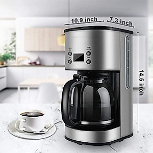 Drip Coffee Maker 12 Cup, Programmable Coffeemaker, Auto Shut-off Coffee Machine, 2 Hours Keep Warm Glass Coffee Pot, Grab-a-cup, LCD Display, Removable Filter,Stainless Steel, 1000W(Silver)