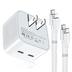 35W Dual USB-C Port - Compact Power Adapter Foldable USB Type C Plug Fast Wall Charger with 2Pcs 5FT C to L, C to C Charging Cord for iPhone 14 13 12 11 Pro Max Plus Mini, iPad, MacBook Air