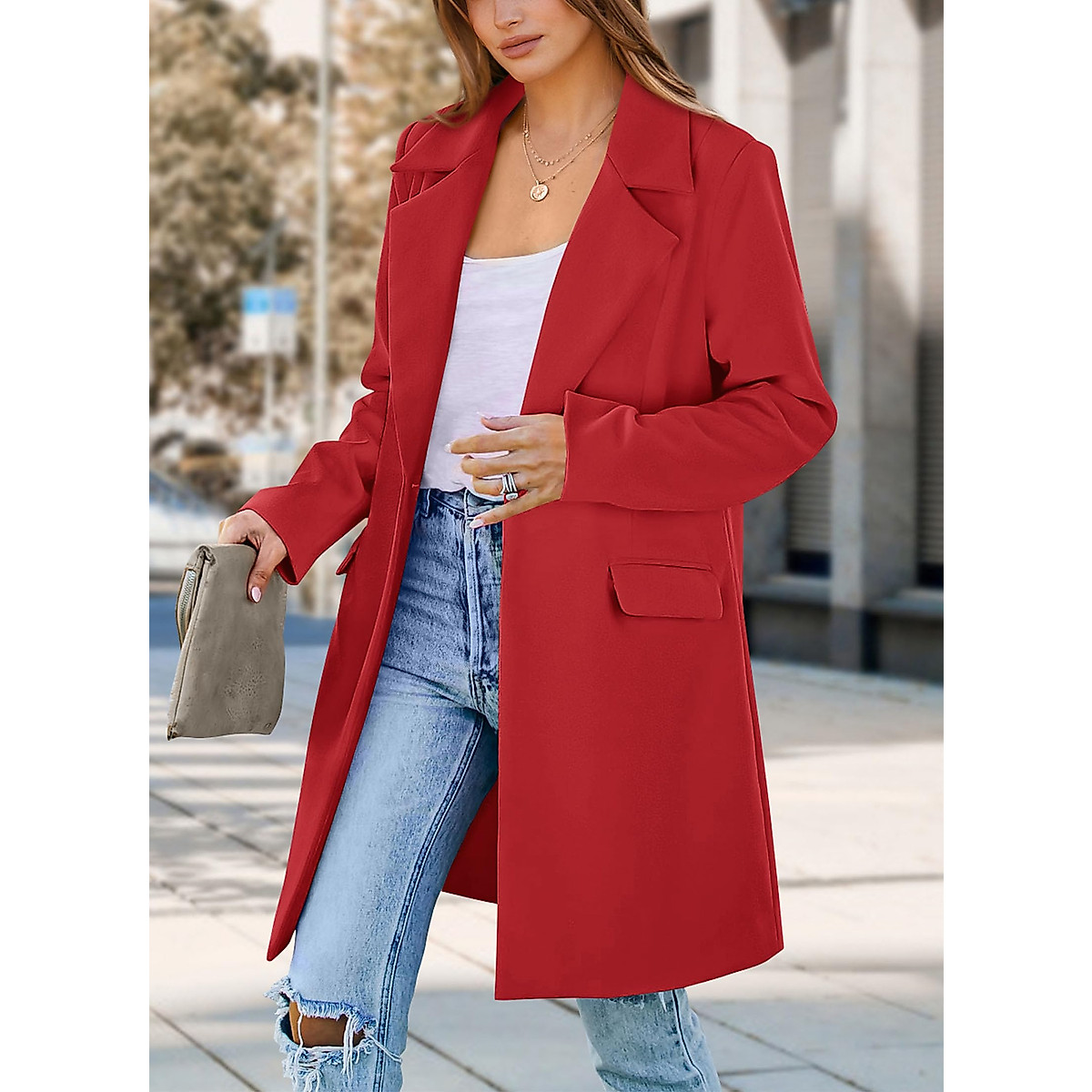 PRETTYGARDEN 2024 Fall Long Blazer Jackets for Women Long Sleeve Lapel Pockets Loose Fit Business Casual Blazers Outfits (Red,Small)