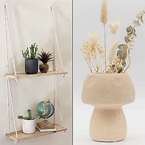Hanging Shelves for Wall [Set of 2 w/ Hooks] Wooden Shelf Macrame Rope, Natural Reclaimed Wood, Mushroom Decor Vase Textured Sand Handmade Ceramic Plant Pot Indoor Plants Modern Boho Cottagecore