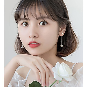 Reffeer Solid 925 Sterling Silver Pearl Earrings Drop for Women Teens Girls Pearl Dangle Earrings CZ Studs Wedding Bridal Dangle Earrings