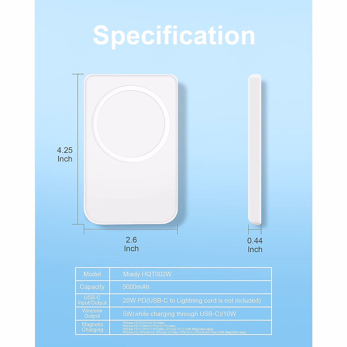 Miady Magnetic Wireless Portable Charger 5000mAh, USB C PD 20W Fast Charging Power Bank, Magnetic Battery Compatible with iPhone 14, 14 Pro, 14 Pro Max/13, 13 Pro, 13 Pro Max