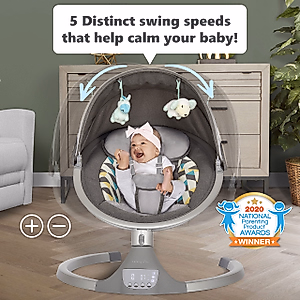Dream On Me Zazu Baby Swing, Baby Swing for Infant, 5 - Swinging Speed, Two Attached Toys, Bluetooth Enabled and Remote Control, Grey and Blue