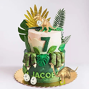 16 PCS Metallic Gold Dinosaur Cake Decorations Dino Theme Cake Topper with Artificial Palm Leaves Dinosaur Eggs for Kids Boys Girls Baby Shower Birthday Party Supplies
