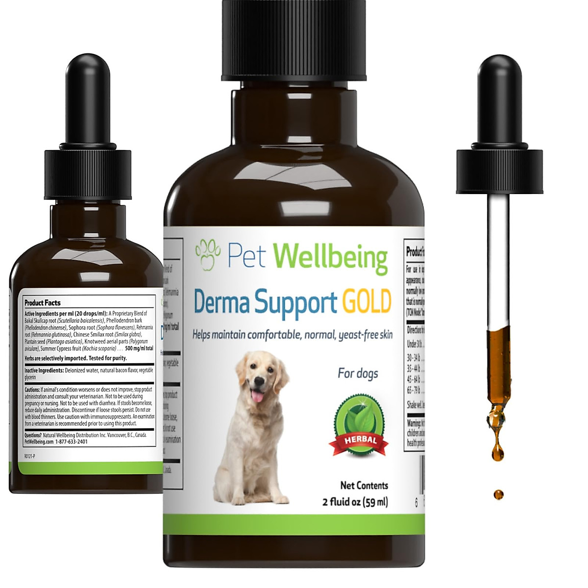 Pet Wellbeing Derma Support Gold for Dogs - Normal Skin Yeast Balance, Occasional Itching, Healthy Odor, Baikal Skullcap, Phellodendron - Veterinarian-Formulated Herbal Supplement 2 oz (59 ml)
