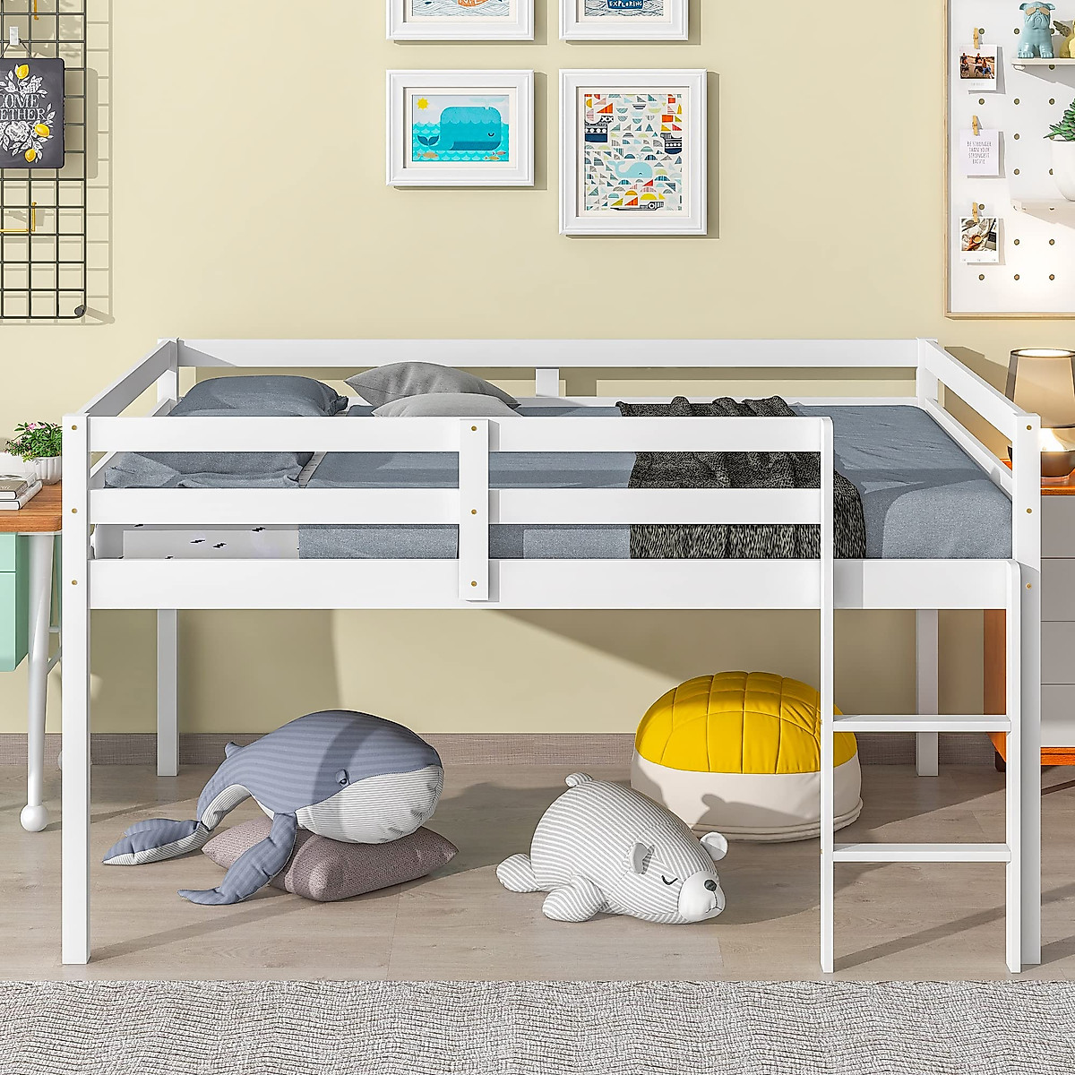 HABUHOME Low Loft Bed Full Size, Wood Loft Bed with Ladder, Full Loft Bed Frame with Safety Guardrail for Kids Teens Boys Girls,White
