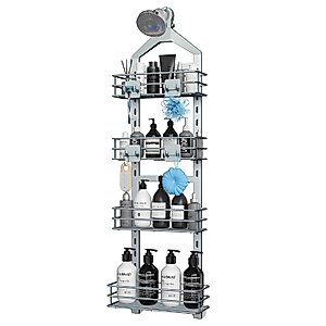 Nieifi Hanging Shower Caddy,4 Tier Adjustable Basket Over Shower Head Shower Organizer Hanging with Hooks Shower Racks for Inside Shower Shelf Anti-Swing Bathroom Organizer Shelves, Silver