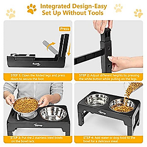 Toozey Elevated Dog Bowls 4 Adjustable Heights, Raised Dog Bowl for Large Medium Small Dogs and Pets, Dog Bowl Stand with 2 Stainless Steel Dog Food Bowls, 4 Heights-3.1", 8.6", 10.2", 11.8"(Black)