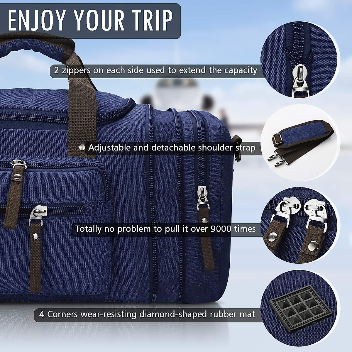 Toupons Canvas Duffel Bag Travel Bag for Men Overnight Bag Weekender Duffle Bag (Blue)