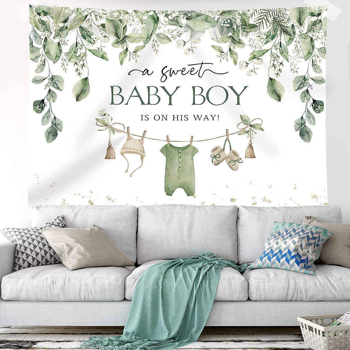 Rsuuinu Baby Shower Backdrop for Boys Greenery A Sweet Baby Boy is On The Way Photography Background Newborn Kids Boy Green Leaves Baby Shower Party Decorations Banner Supplies Photo Booth Props 7x5ft