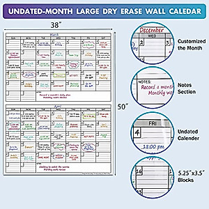 Dry Erase Two Month Laminated jumbo Wall Calendar, 38" x 50", Huge bimonthly Vertical Laminated Erasable White Board, Giant 60 day Family Whiteboard Schedule Planner, Large Multi Month Reusable Poster
