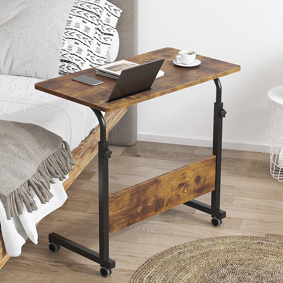 DlandHome Rolling Desk Adjustable Standing Desk, Mobile Side Table 31.4 Inches w/Wheels Adjustable C Table Movable Portable Laptop Computer Stand for Bed Sofa,Retro