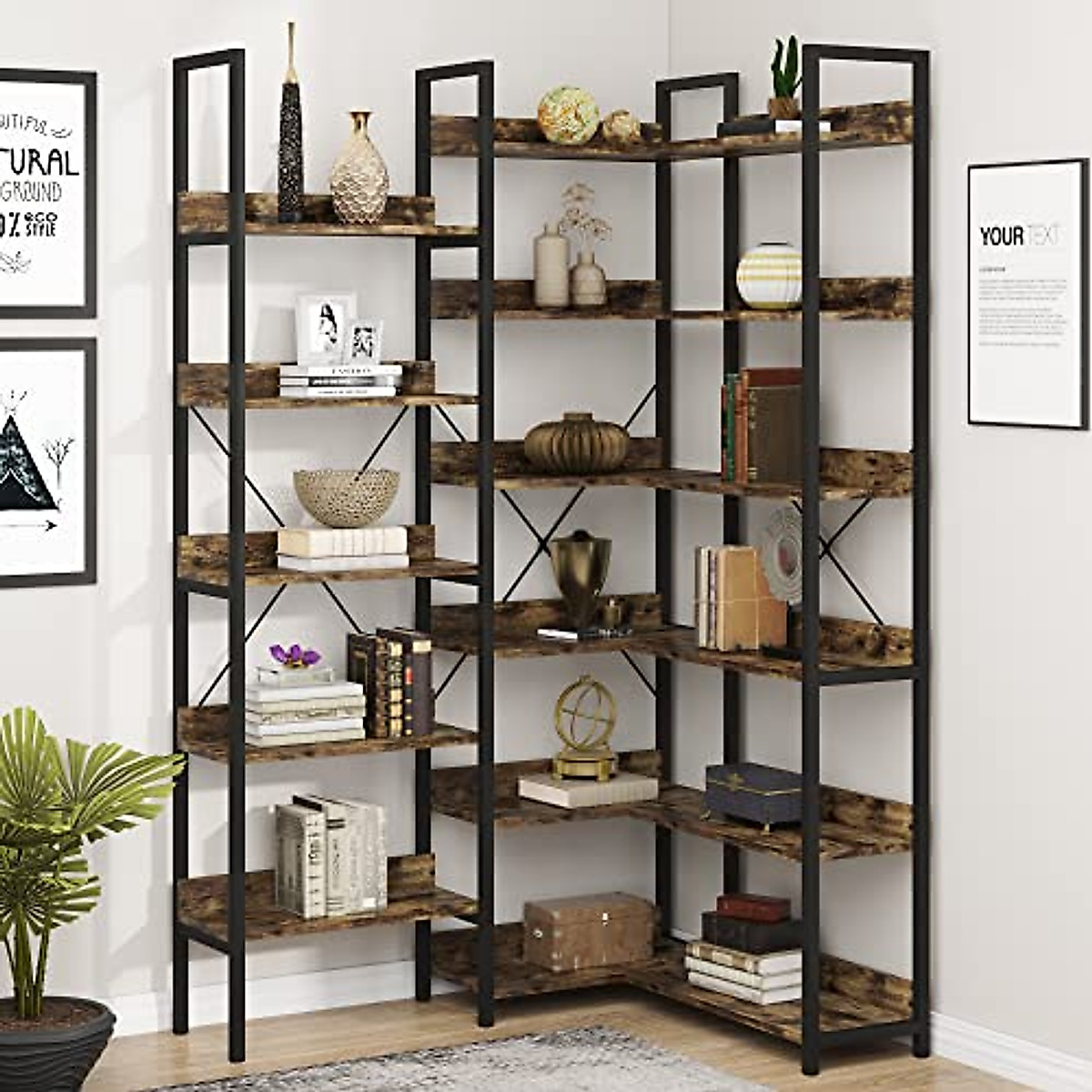 PAKASEPT 6-Shelf Corner Bookshelf, Triple Wide 6-Tier Bookcase, Large Modern Corner Shelf with Metal Frame, Open Bookshelves for Living Room Home Office, Rustic Brown