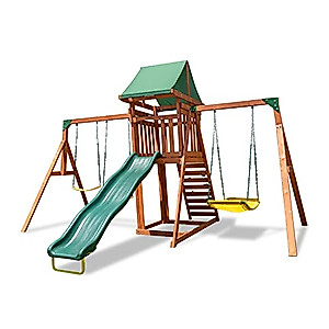 Sportspower Amazon Exclusive Sherwood Wood Swing Set with 3 Swings, Slide, and Covered Deck, Natural/Green