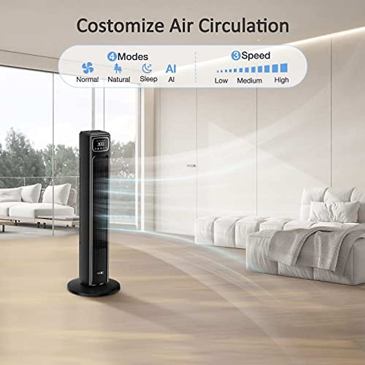 VCK Tower Fan, 80° Oscillating Fans with Remote, 36'' Quiet Cooling Fan,Adjustable 3 Speeds,4 Mode,12H Timer, LED Display with Auto Off,Standing Bladeless Floor Fan for Bedroom Home Office