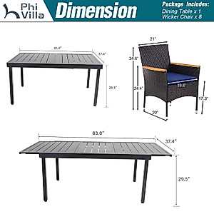 PHI VILLA 9-Piece Outdoor Patio Dining Set for 8, Expandable Rectangular Metal Dining Table & Rattan Cushioned Chairs Furniture Set for Backyard, Deck,