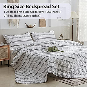 LUCKYBULL White Quilt Set Boho Bedspread King XL Size (104x96 in), 3 Pieces Bohemian Striped Reversible Lightweight Coverlet Quilt Set for All Season