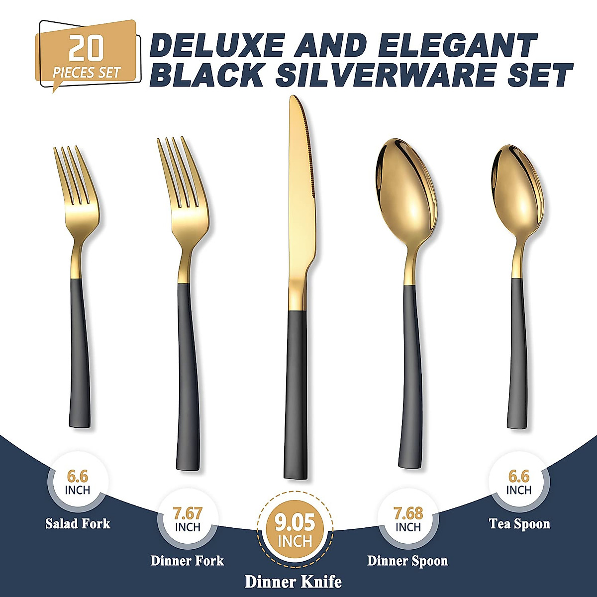 20 Pieces Silverware Set, Stainless Steel Flatware Set Includes Spoons Forks Knives, Cutlery Utensils Set Service for 4, Gold Mirror Polished and Matte Black Painted, Dishwasher Safe