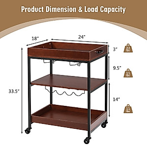 COSTWAY Kitchen Rolling Island Cart, 3-Tier Rolling Bar Serving Cart with Wine Rack & Glass Holders, Industrial Baker’s Rack on Wheels, Convenient Handle, Brown