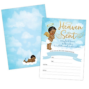 Heaven Sent Boy Baby Shower Invitation - African American Cute Clouds and Celestial Angel Baby Shower Invite - Twinkle Twinkle Little Star - 20 Fill-in Invitations and Envelopes