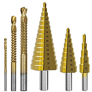 6Pcs Titanium Coated Drill Bit Set, Including 3 Sizes of Step Drill Bit and 3 Sizes of Serrated Twist Drill Bit for Metal Wood Hole Drilling