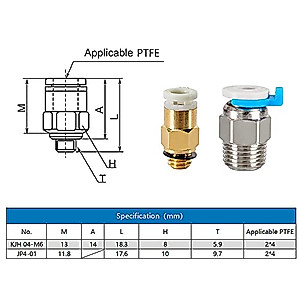 PTFE Bowden Tube (1M) 1PCS+ 6pcs KJH04-M6 Fittings + 6pcs JP4-01 Pneumatic Fittings with PTFE Tube Cutter for 3D Printer 1.75mm Filament