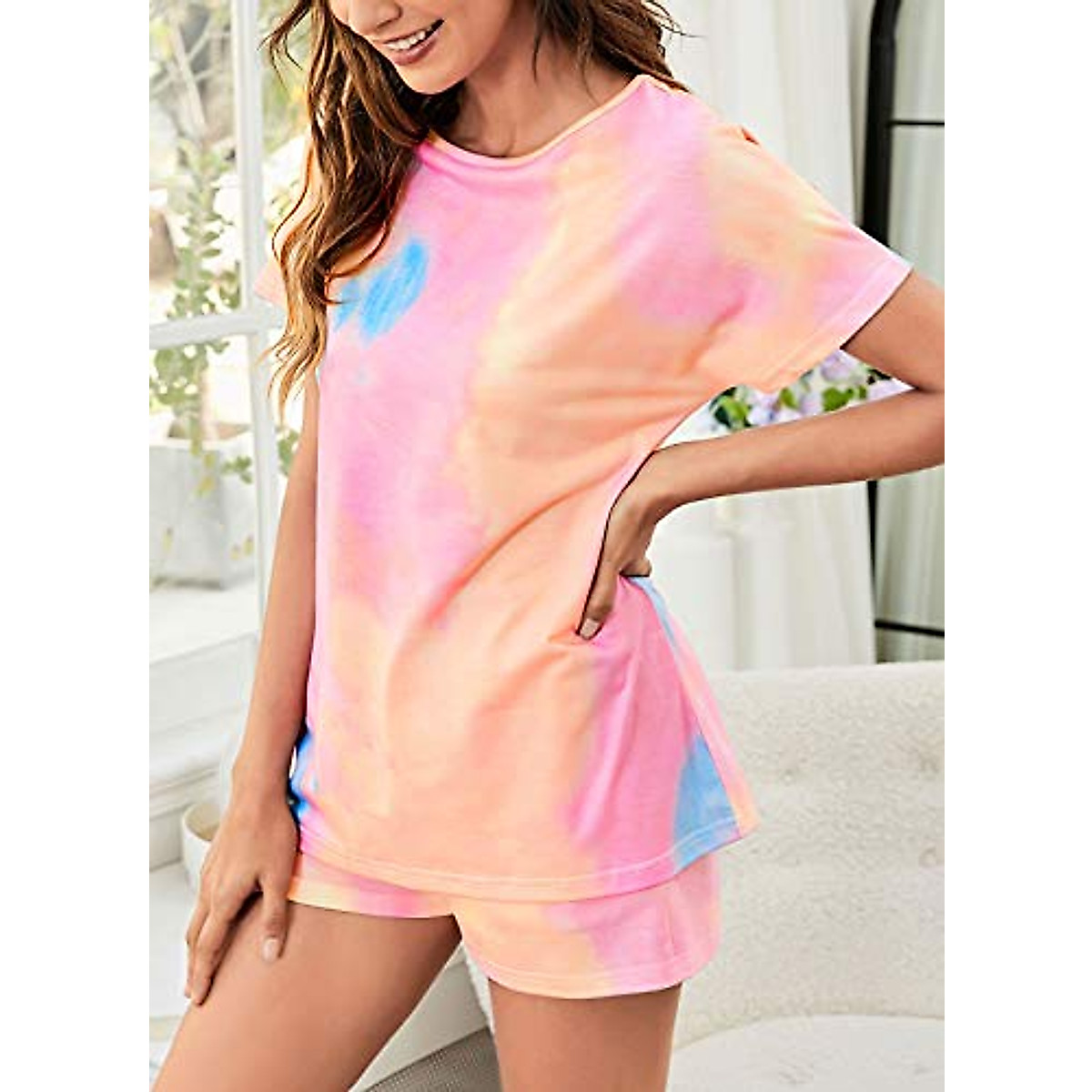 HOCOSIT Womens Tie Dye Printed Pajamas Short Sleeve Tops and Shorts Set Sleepwear 2 Piece Pjs Sets Loungewear Pink