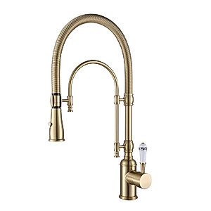 KunMai Kitchen Faucets Brushed Gold Kitchen Sink Faucet with Pull Down Sprayer High Arc Dual-Mode Kitchen Faucet