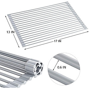 Wizdays Roll Up Dish Drying Rack Kitchen Sink, 17"x13" Foldable Food Safe Grade Silicone Wrapped Stainless Steel Dish Drying Rack, Space Saver, Easy to Use, Clean & Store