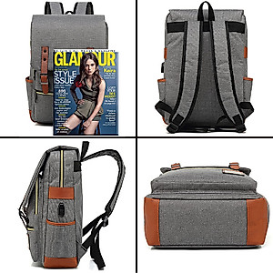 UGRACE Laptop Backpack, Grey, Unisex, 15.6" Laptop Compartment, 6 Compartments, USB Charge Port, Adjustable Shoulder Strap, PU Leather Belt