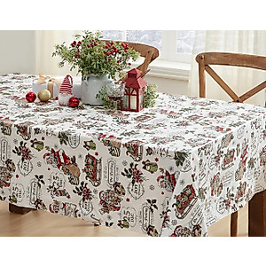 Newbridge Vintage Nostalgia Home for Holidays Print Flannel Back Vinyl Christmas Tablecloth - Vintage Santa Claus, Snowman and Sleigh Xmas Wipe Clean Easy Care Tablecloth, 52" x 52" Square