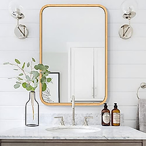 FUWU HOME Wood Bathroom Mirror for Wall 18" x 24" Farmhouse Rounded Corner Rectangle Mirror with Wooden Framed for Home Living Room Bedroom Wall Mounted Decorative Mirror (Natural Beech Wood)
