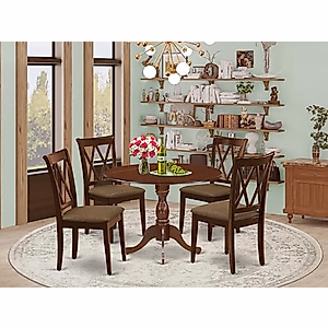 East West Furniture DMCL5-MAH-C 5 Piece Kitchen Table Set for 4 Includes a Round Dining Table with Dropleaf and 4 Linen Fabric Dining Room Chairs, 42x42 Inch, Mahogany