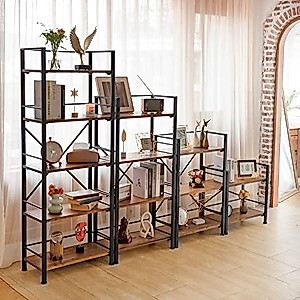 Crofy Rustic Bookshelf, 5 Tier Real Wood Bookshelf, Metal Book Shelf for Storage, Black Bookcase, 12.6" D x 23.62" W x 64.17" H