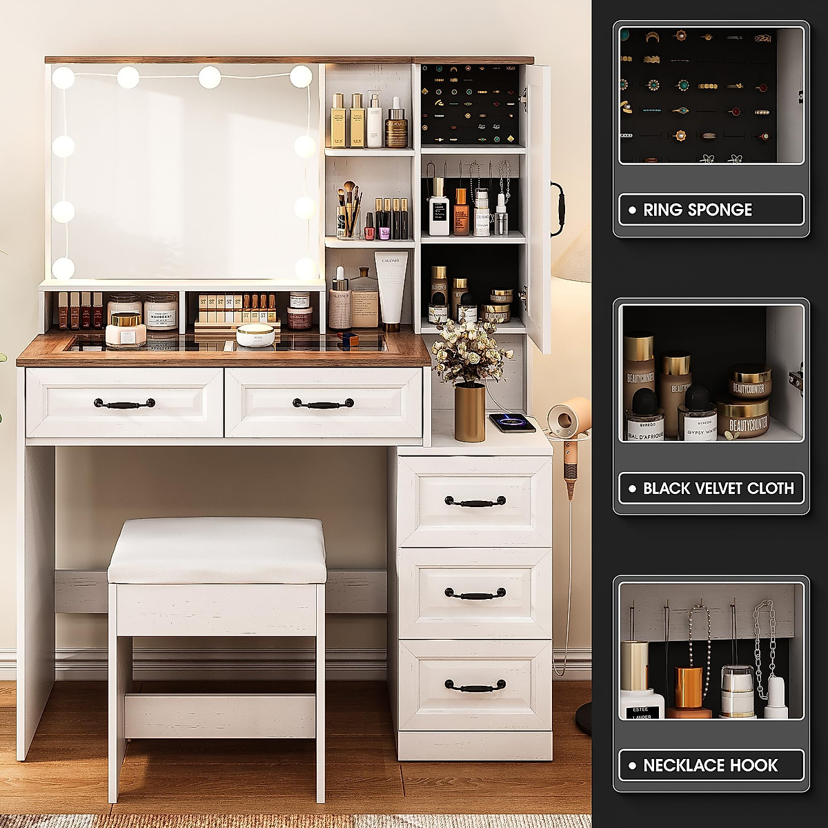 Vabches Makeup Vanity Desk with Lights and Mirror, Brown Vanity Table Set with Charging Station, Glass Top Vanity with RGB Lights, Large Mirror with 3 Lighting Modes, 5 Drawers & Cabinet, 40.7in(L)