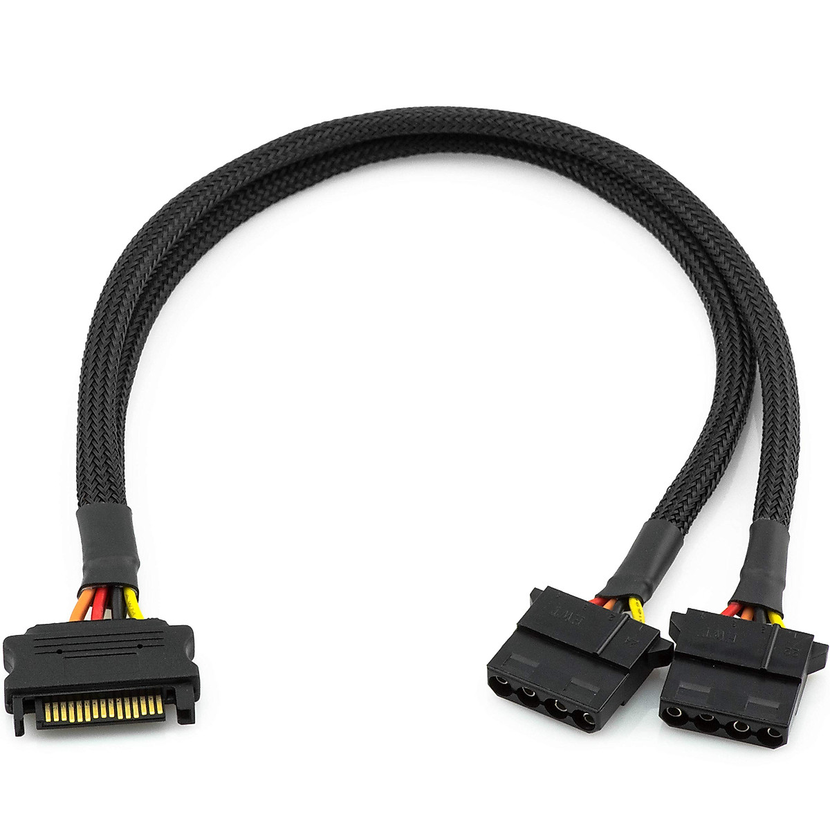 CRJ 15-Pin SATA to Dual 4-Pin Molex Power Adapter Cable - 12-inch (30cm), Black Sleeved - Power Two 4-Pin Peripheral Molex Devices with a 15-Pin SATA Power Supply Connection
