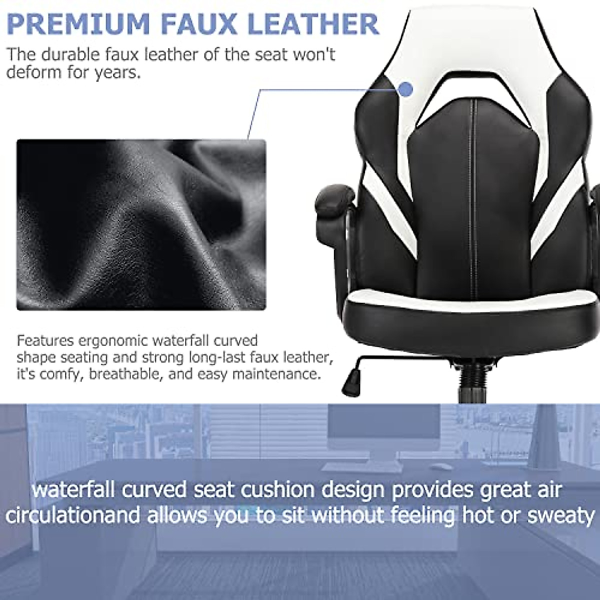 Office Chair, Ergonomic High Back Computer Chair Height Adjustable Desk Chair Faux PU Leather Chair with Armrest Padded and Lumbar Support, White