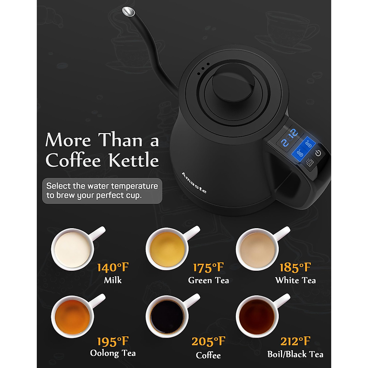 Amaste Gooseneck Electric Kettle, Electric Tea Kettle With Temperature Control, 34oz Pour Over Electric Kettle for Coffee & Tea, 304 Stainless Steel Inner, Auto Shut-Off & Keep Warm, Matte Black