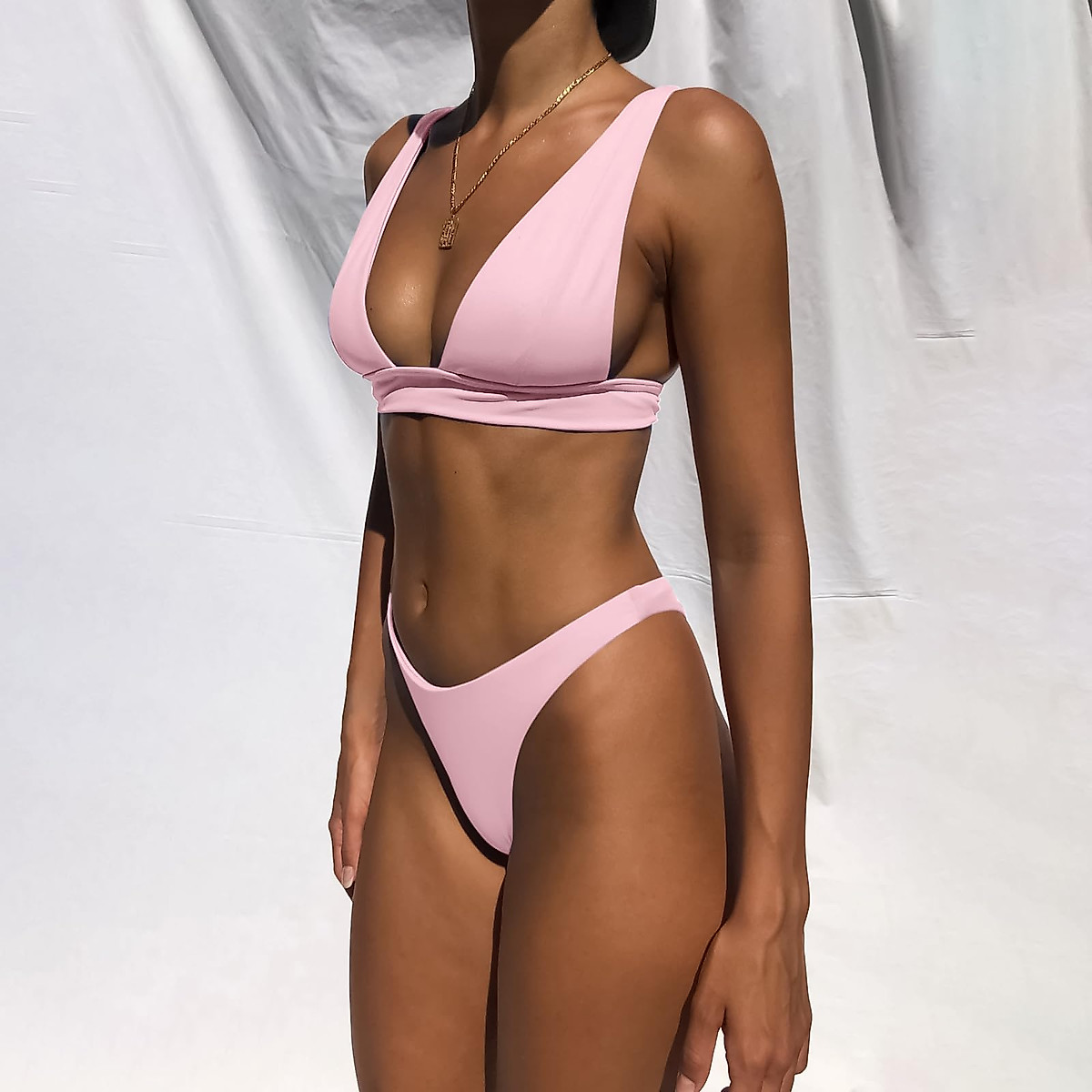 Bathing Suits for Women Deep V Neck Sexy Two Piece Bikini Sets for Women Thong Halter Cheeky Swimsuit (US, Alpha, Small, Regular, Regular, Pink)