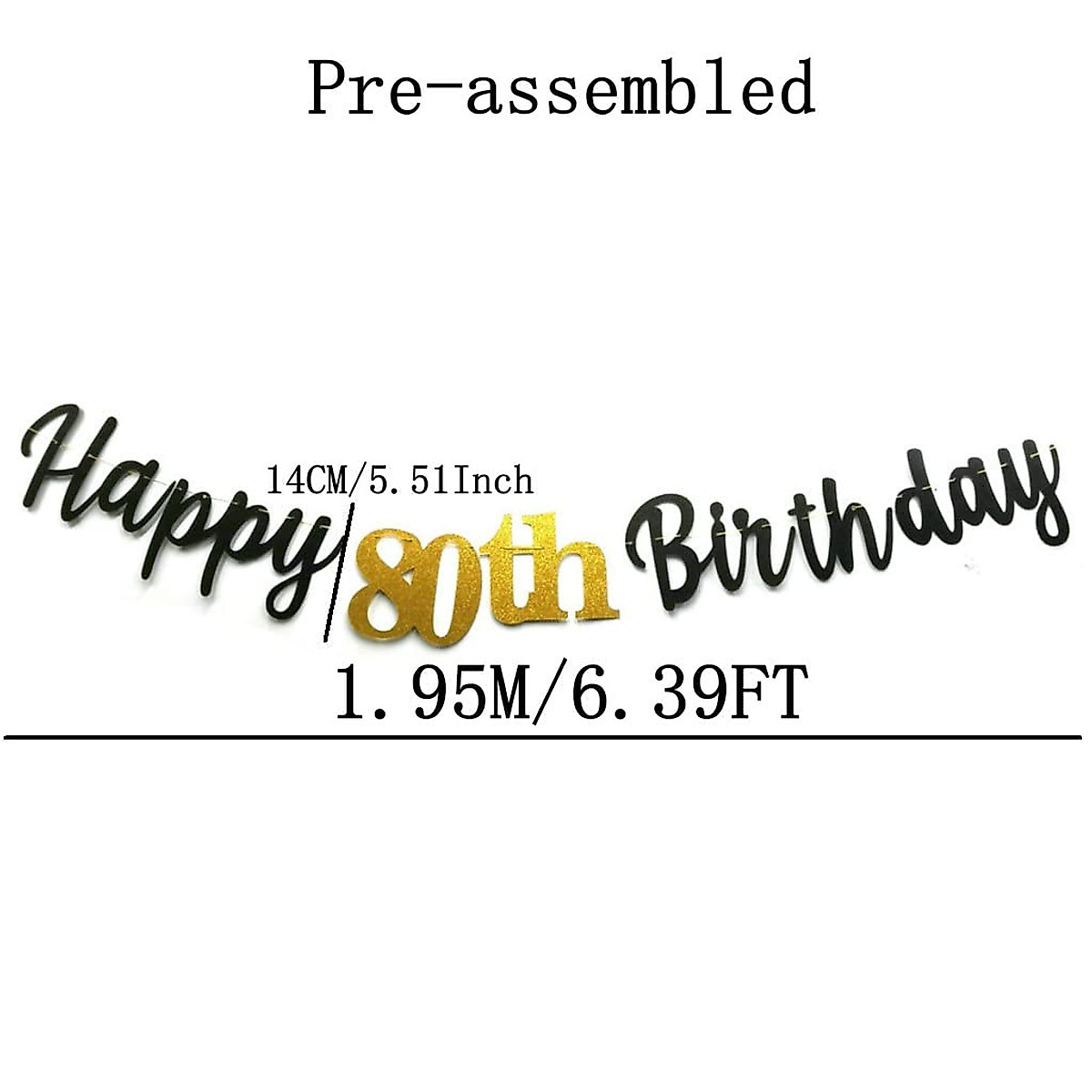 Black Happy 80th Birthday Banner Sign Gold Glitter 80 Years Birthday Party Decorations Supplies Anniversary Celebration Backdrop Pre-Assembled (Black)