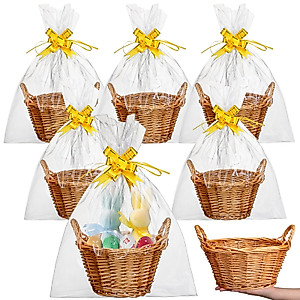 Tatuo 6 Sets 9.8 x 5.1 Inch Wicker Basket with Gift Bags and Ribbons Rattan Baskets Bulk with Handle Gifts Empty Basket for Easter Egg Gathering Storage Wedding Graduation Baby Shower