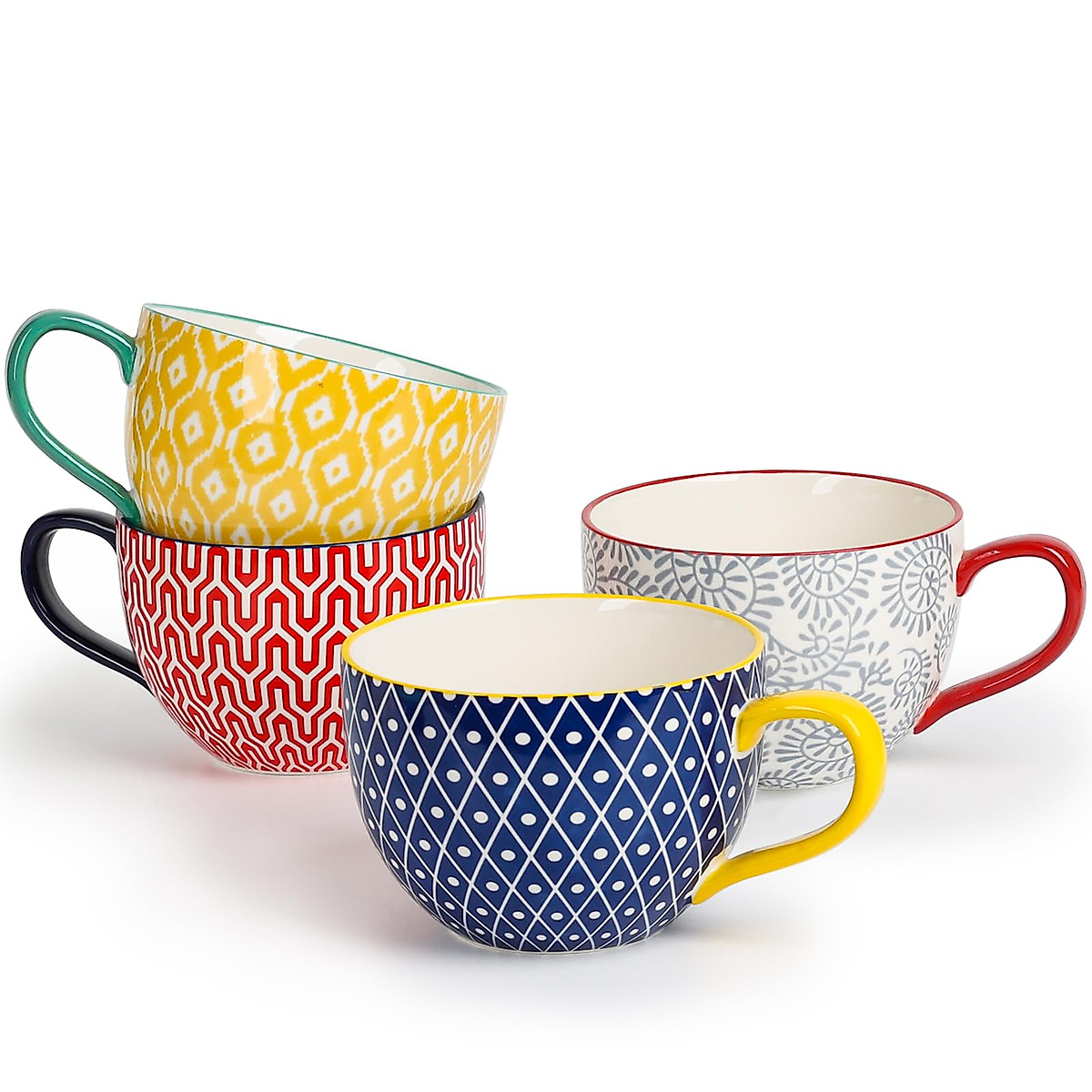 K KitchenTour Ceramic Soup Bowls with handle 24oz Set of 4 - Jumbo Soup Mugs for Cereal Tea Milk - Dishwasher & Microwave Safe - Bohemian Style